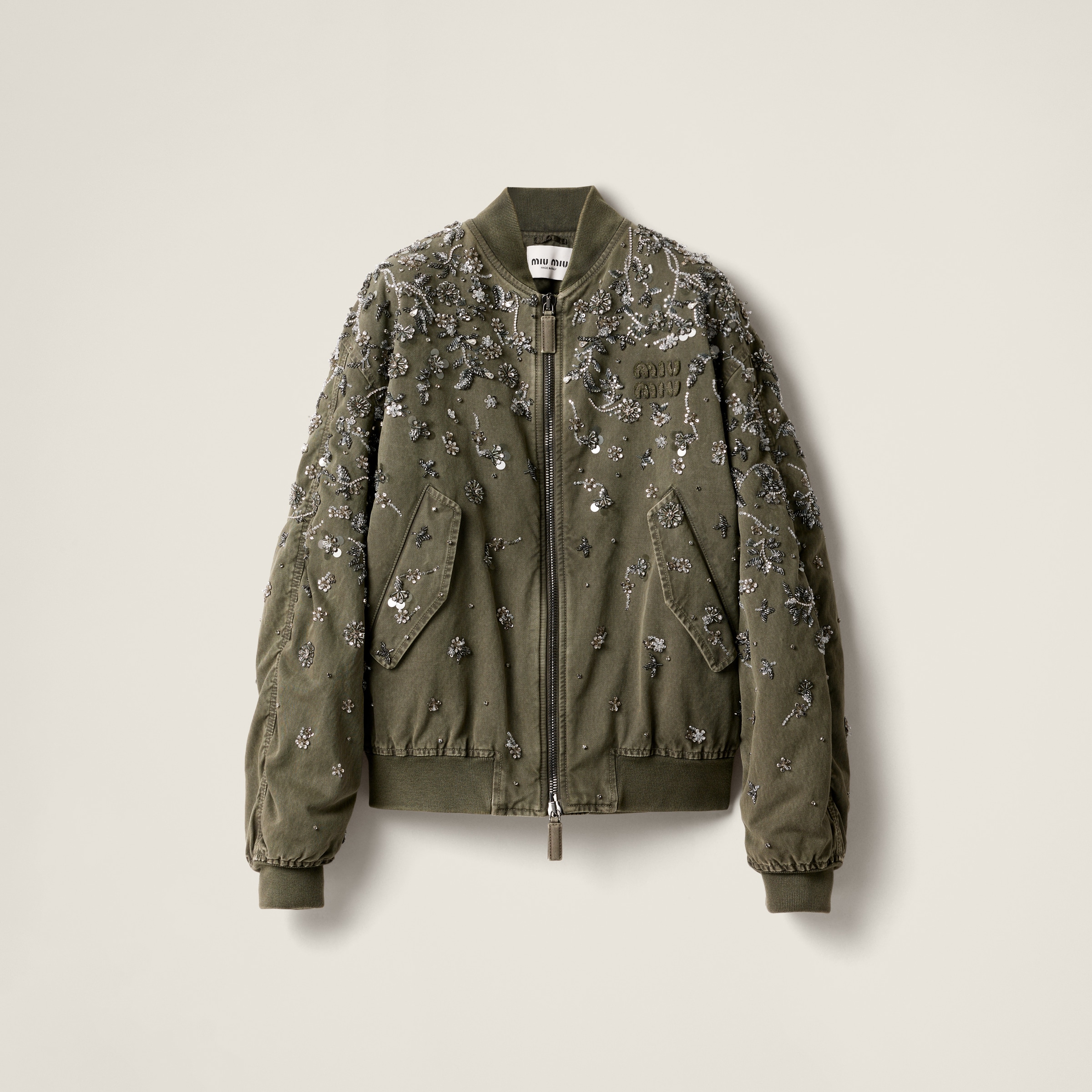 Miu Miu Garment-Dyed Gabardine Bomber Jacket - Olive Green